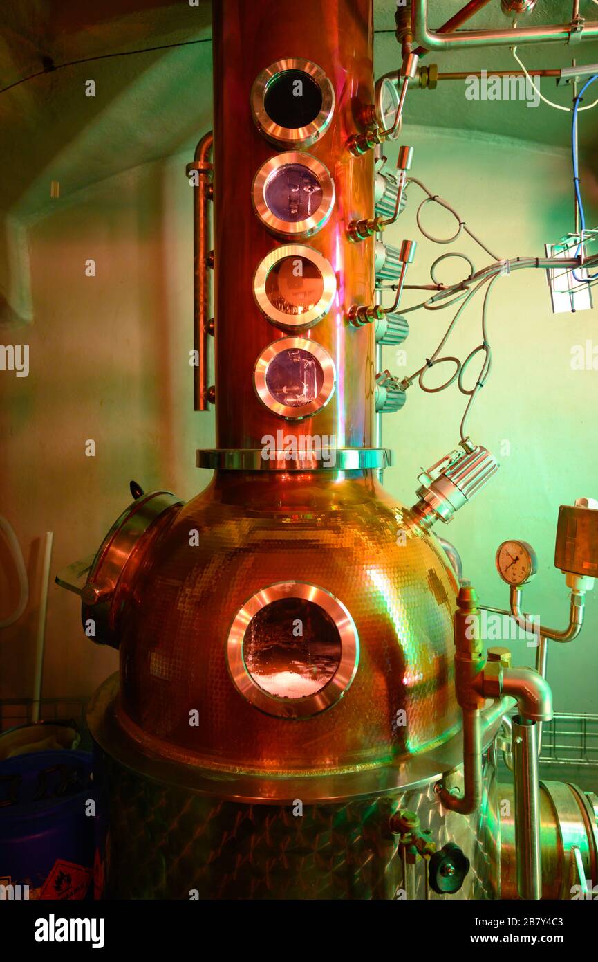 Gin distillation process in copper tanks, Scotland, UK Stock Photo - Alamy