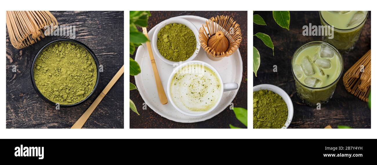 Matcha powder, latte with milk and cold drink Stock Photo - Alamy