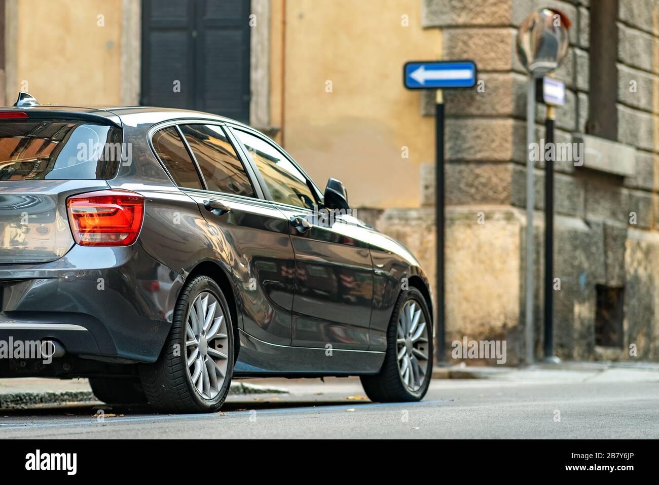 Modern cars parked on city street side in residential discrict. Shiny ...
