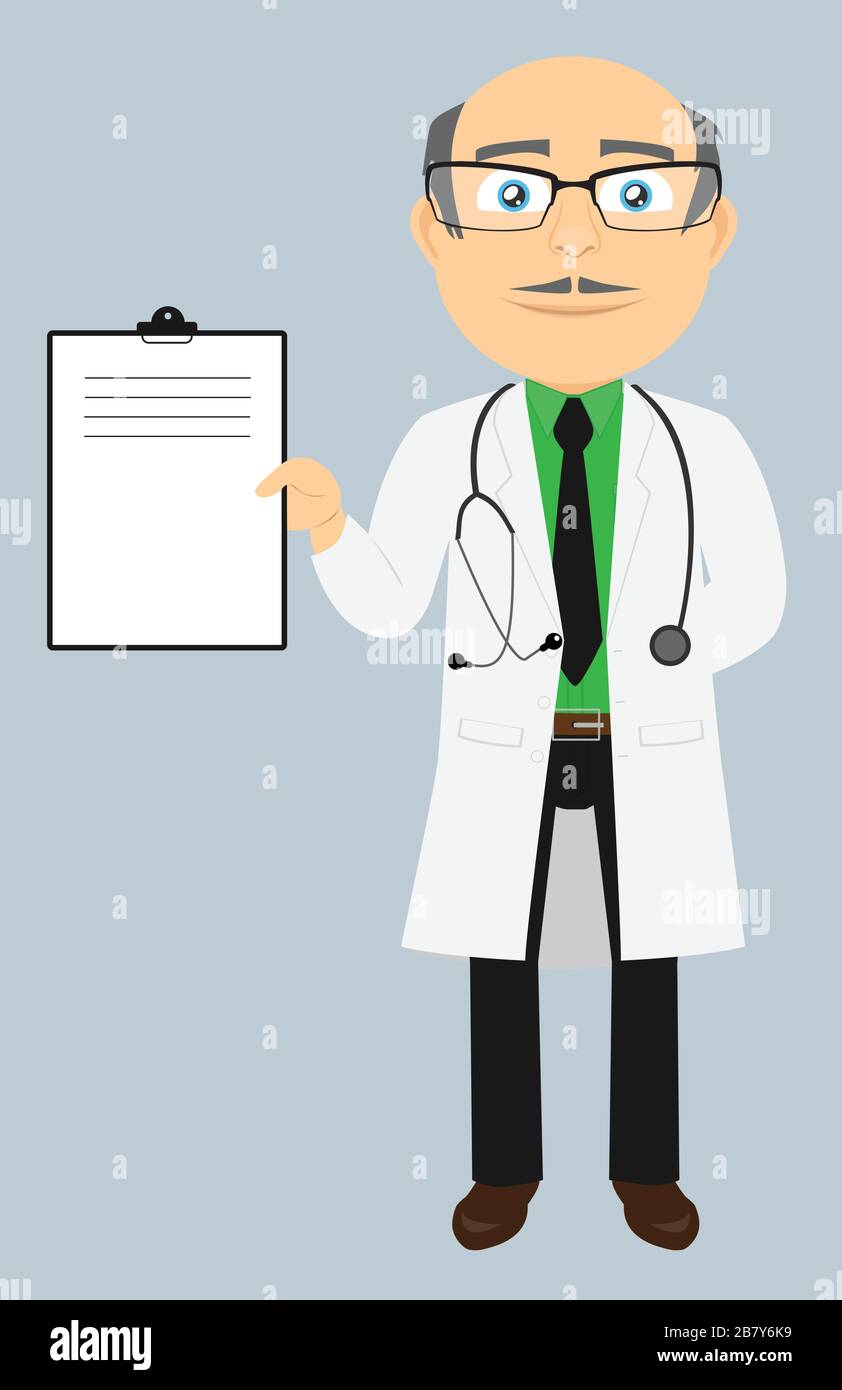 Bald smiling doctor with grey hair wearing a lab coat and showing a ...