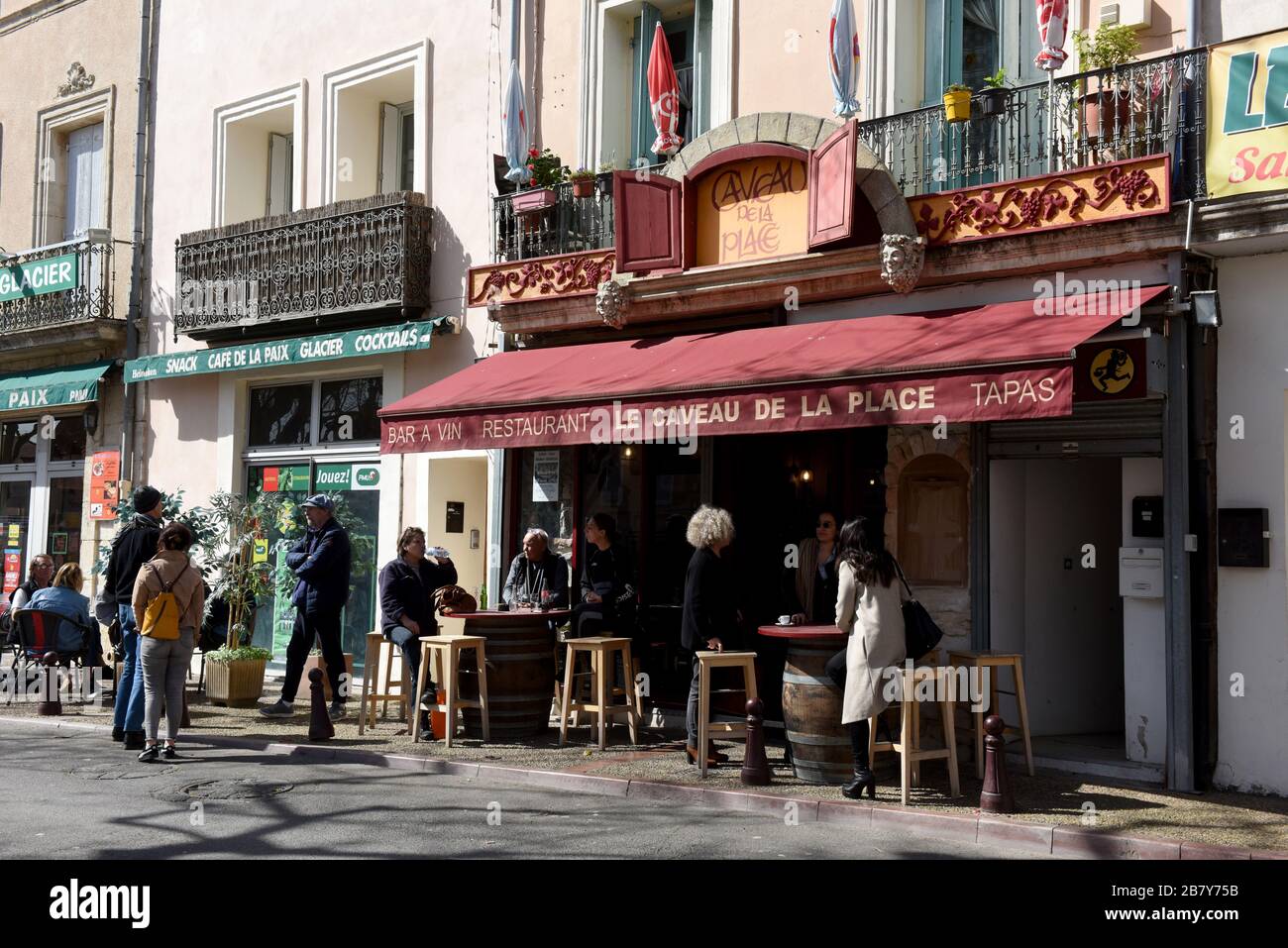 Capestang in the Hérault department in southern France. French cafe bar ...
