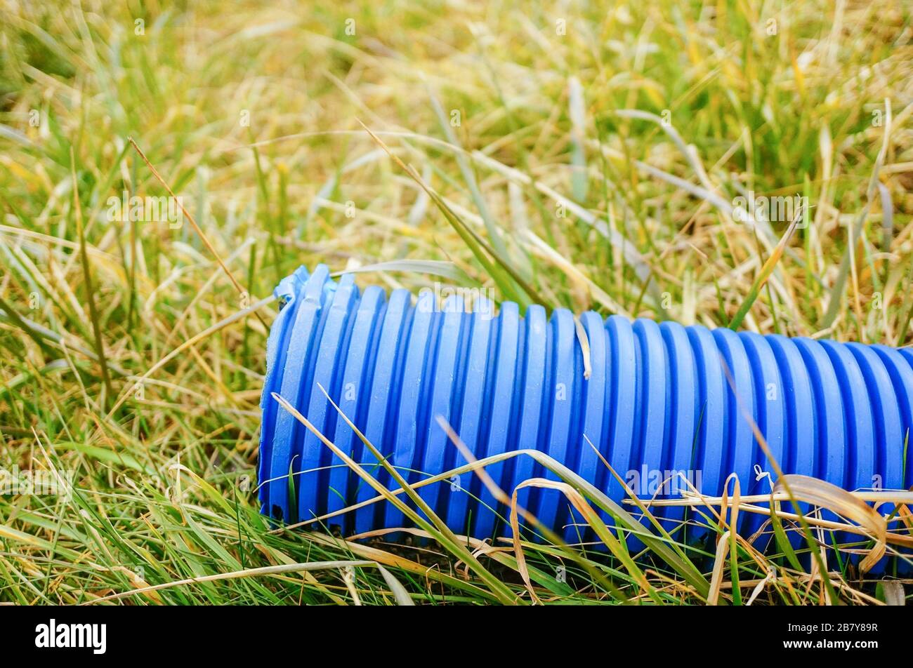 Blue circular object on a green field of grass Stock Photo - Alamy