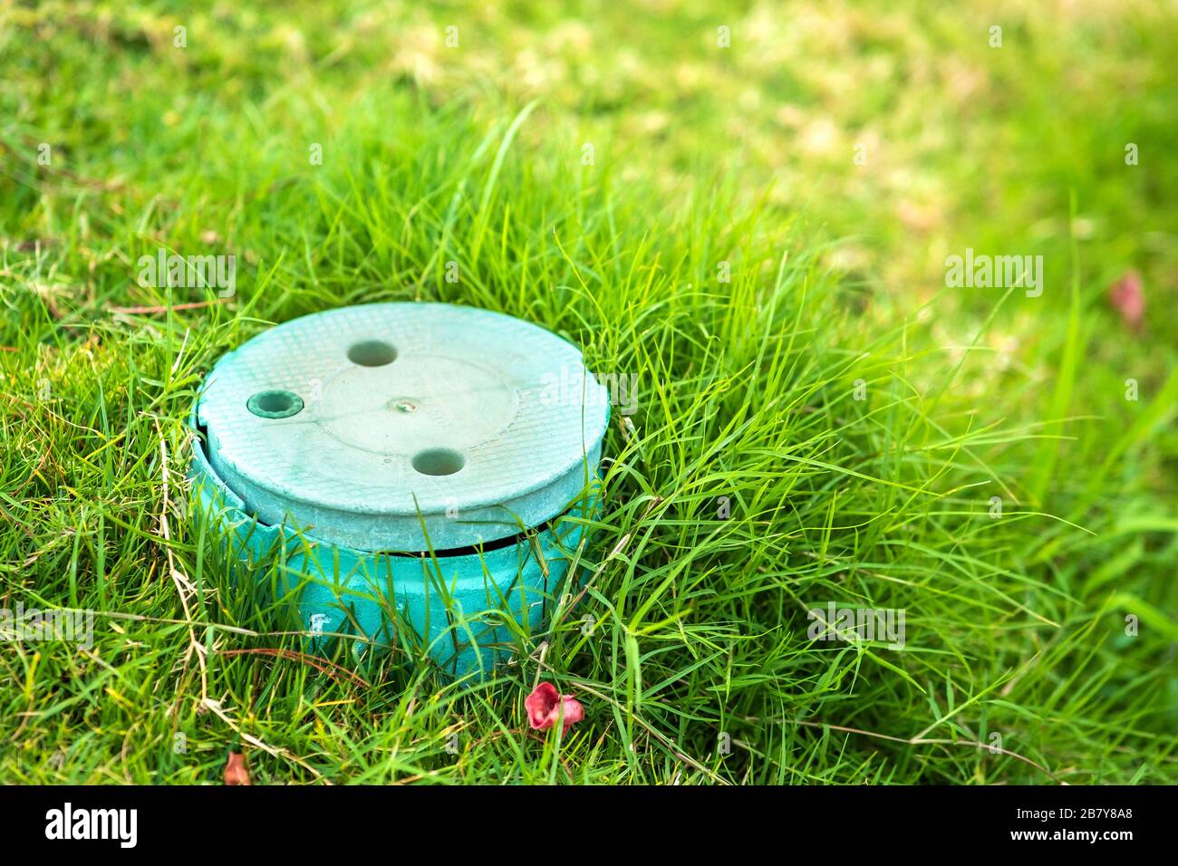 Closeup of green plastic pipe with cover on green grass lawn Stock ...