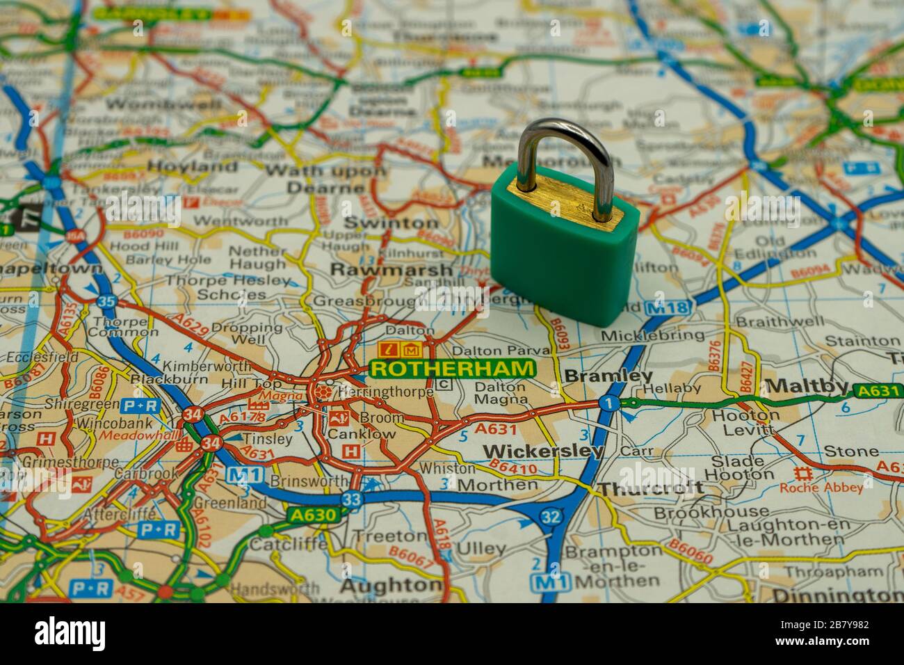 Rotherham UK Shown on a road map or geography map with a padlock on top ...