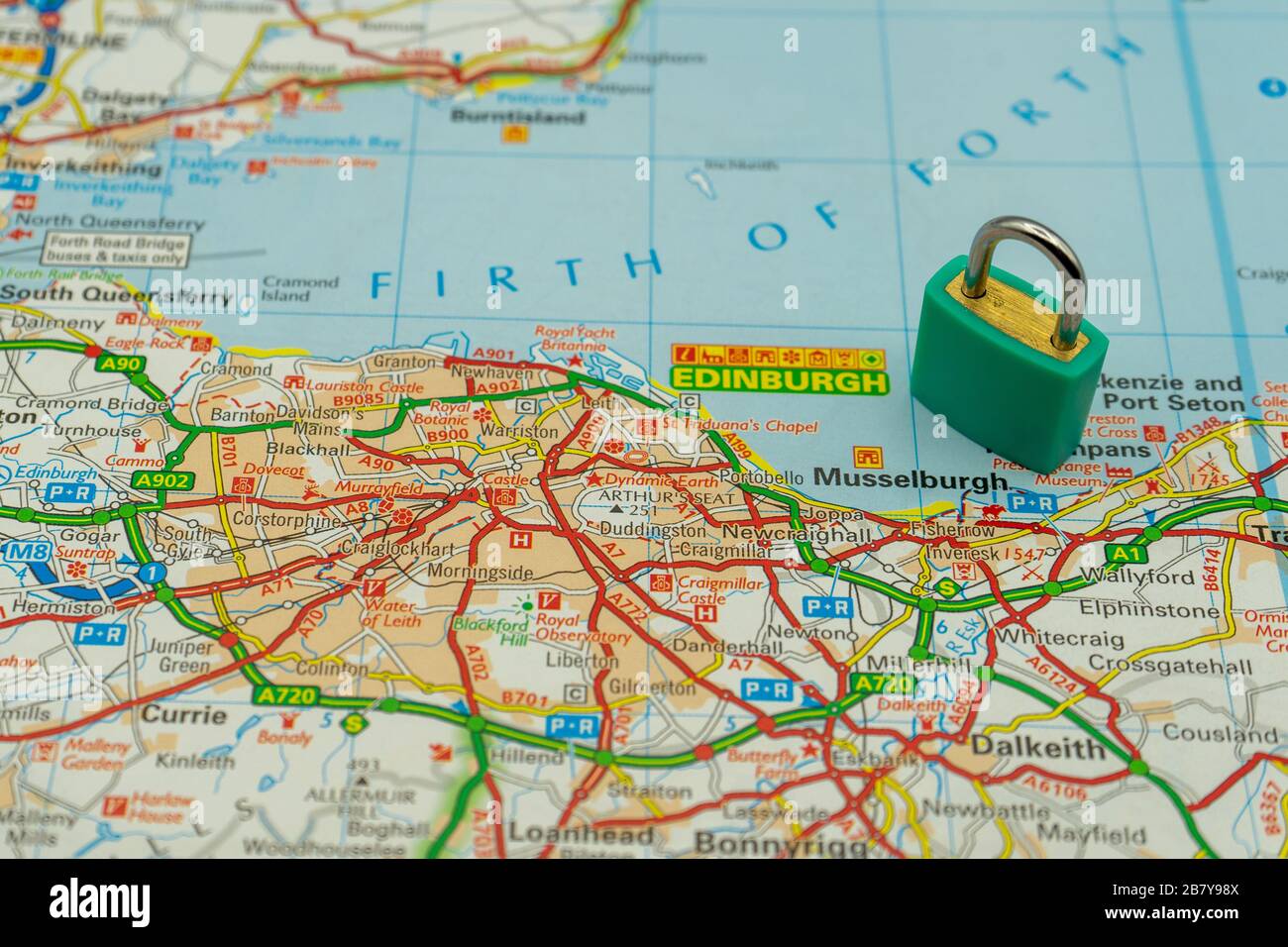 Edinburgh Shown on a road map or geography map with a padlock on top to ...