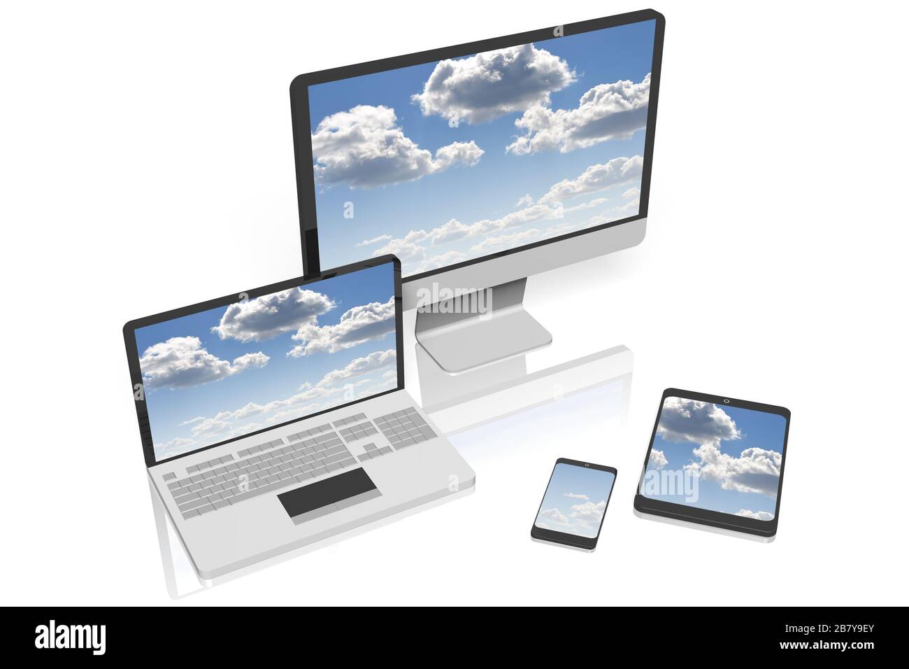 3D laptop, computer, smartphone and tablet illustration, sky on screens ...