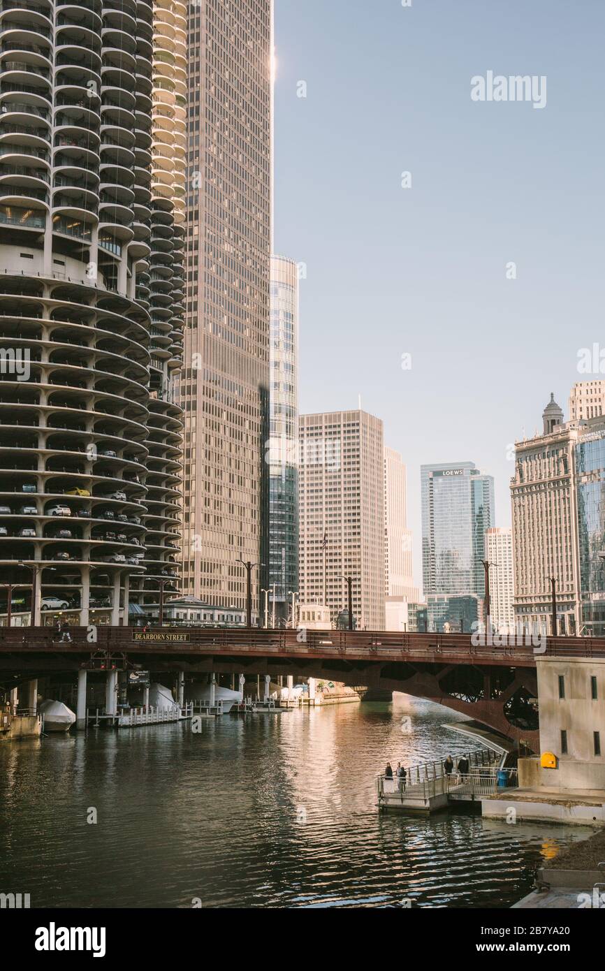 Vertical shot of the skyscrapers in Chicago next to the river and the ...