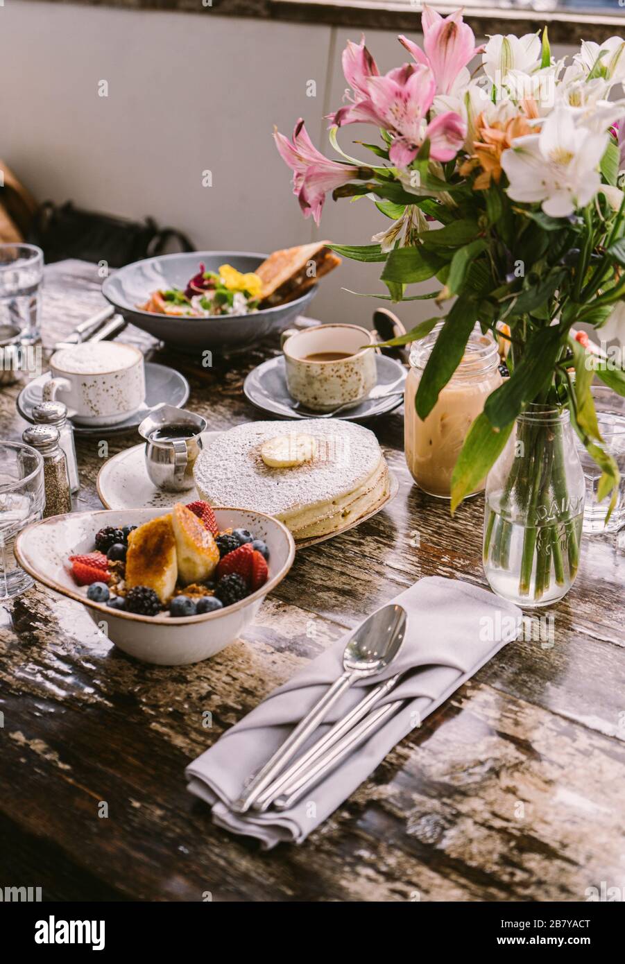 Types of foods, cookies and drinks put on the table in front of the ...