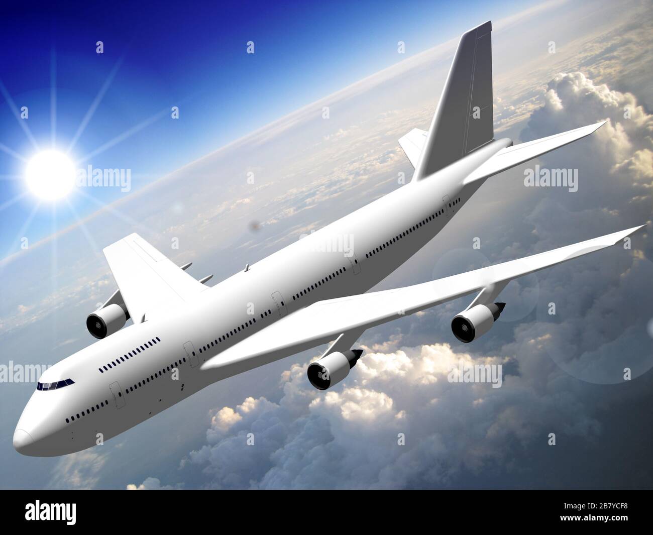 3D passenger jet plane flying in the air, clouds in background Stock ...