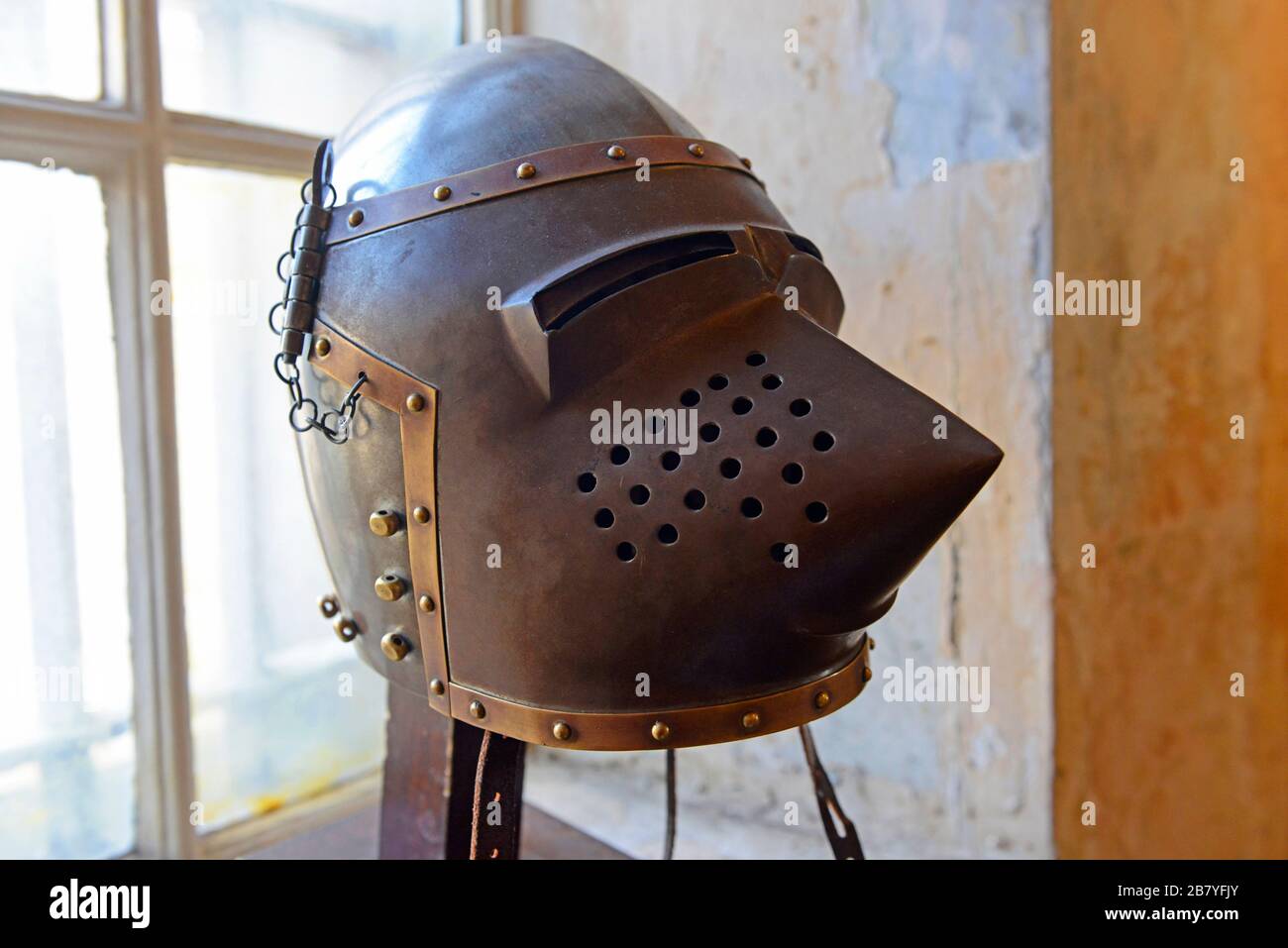 Replica helmet on display at Oxford Castle museum, Oxford, UK Stock ...