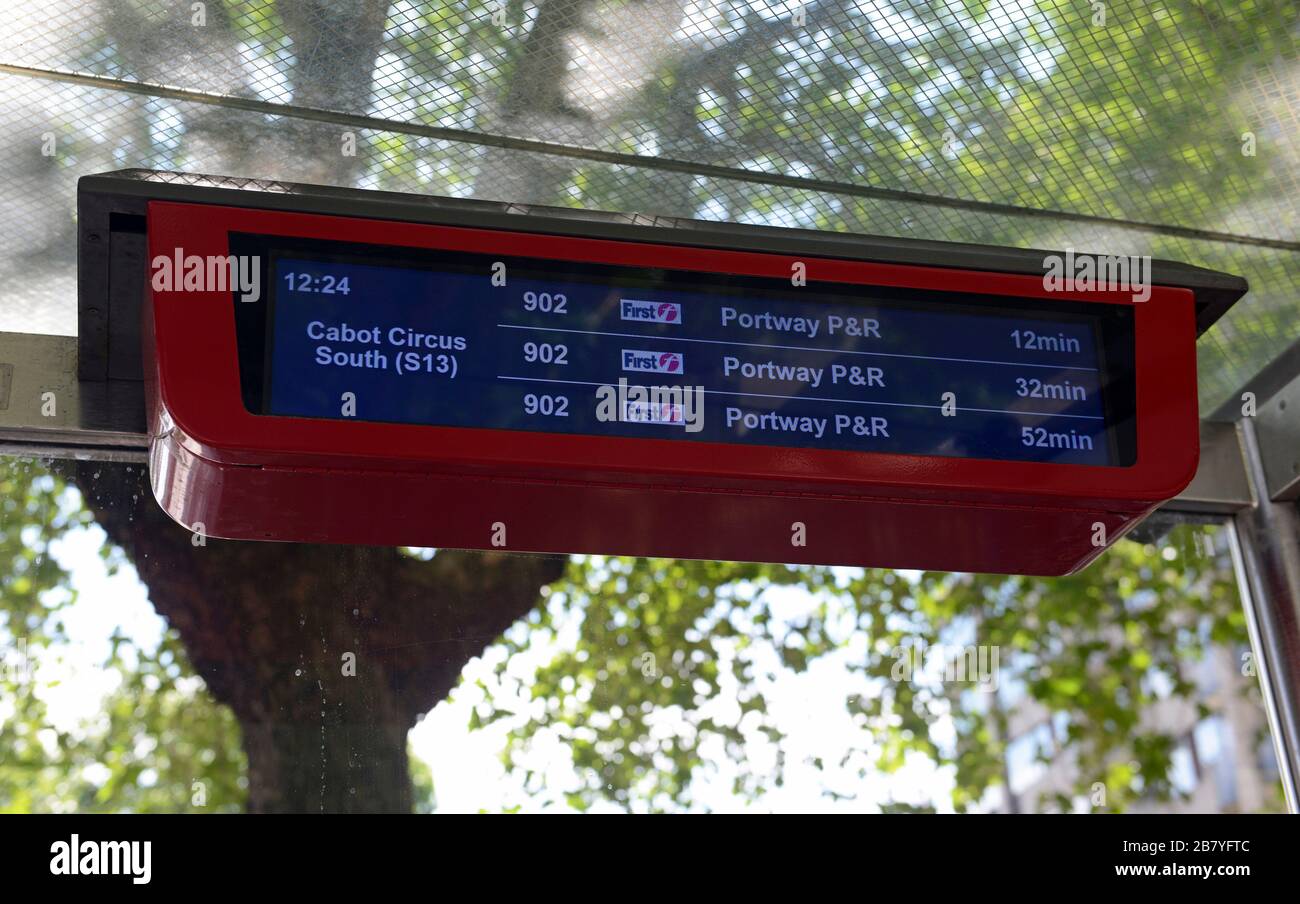 Information displayed at Cabot Circus bus stop in central Bristol, UK ...