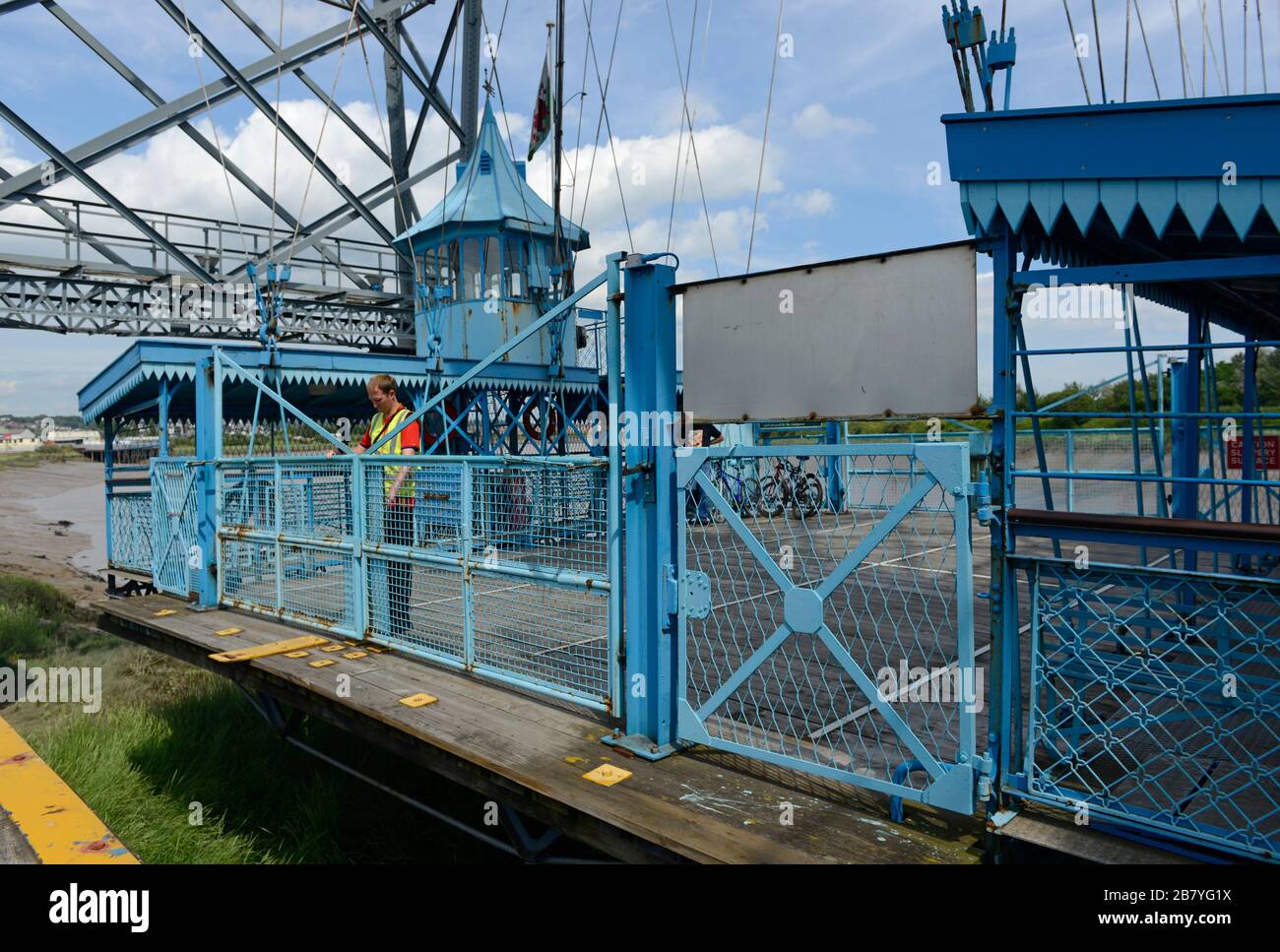 The gondola of the transporter bridge over the river Usk in Newport ...