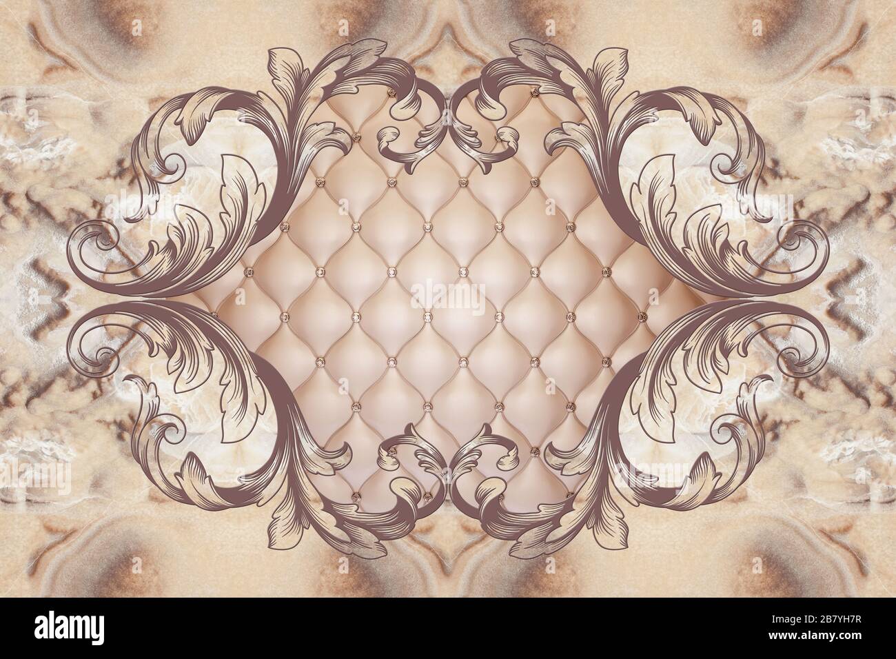 3d ceiling, stucco decor frame, beige leather quilted buttoned in the ...