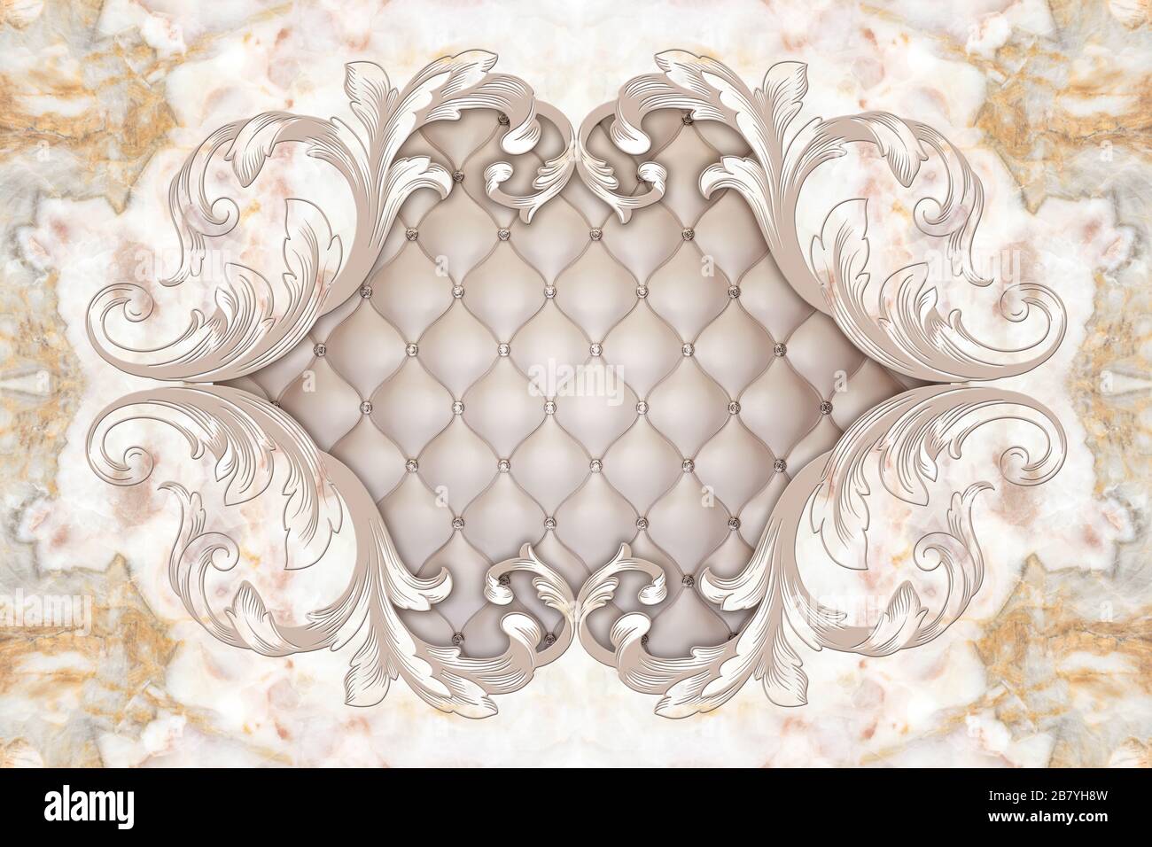 3d ceiling, stucco decor frame, beige leather quilted buttoned in the ...