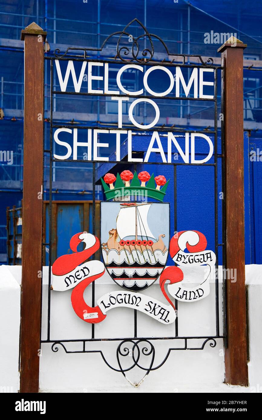 Shetland Islands crest on welcome sign, Lerwick town, Mainland Island ...