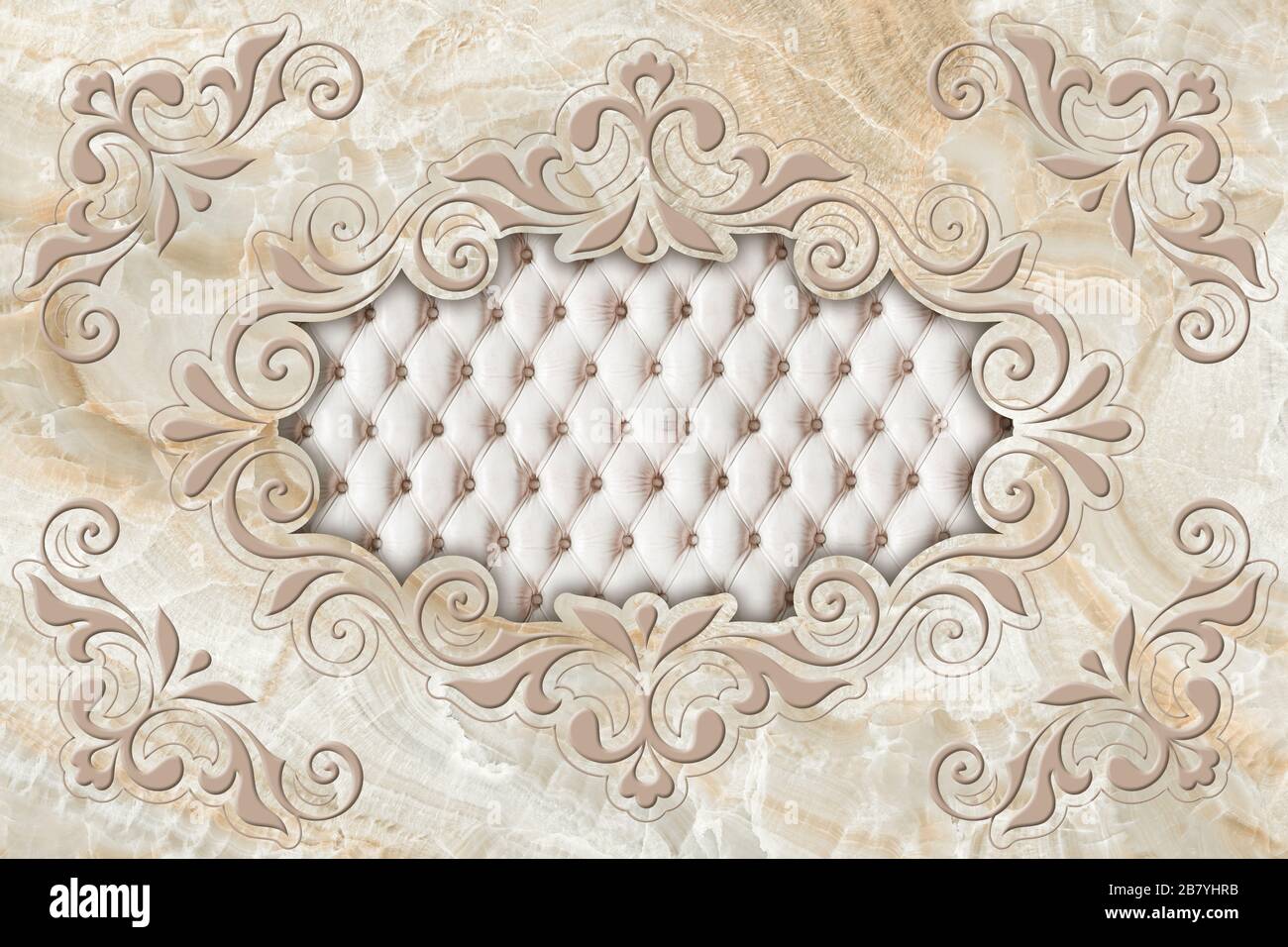 3d ceiling, stucco decor frame, beige leather quilted buttoned in the ...