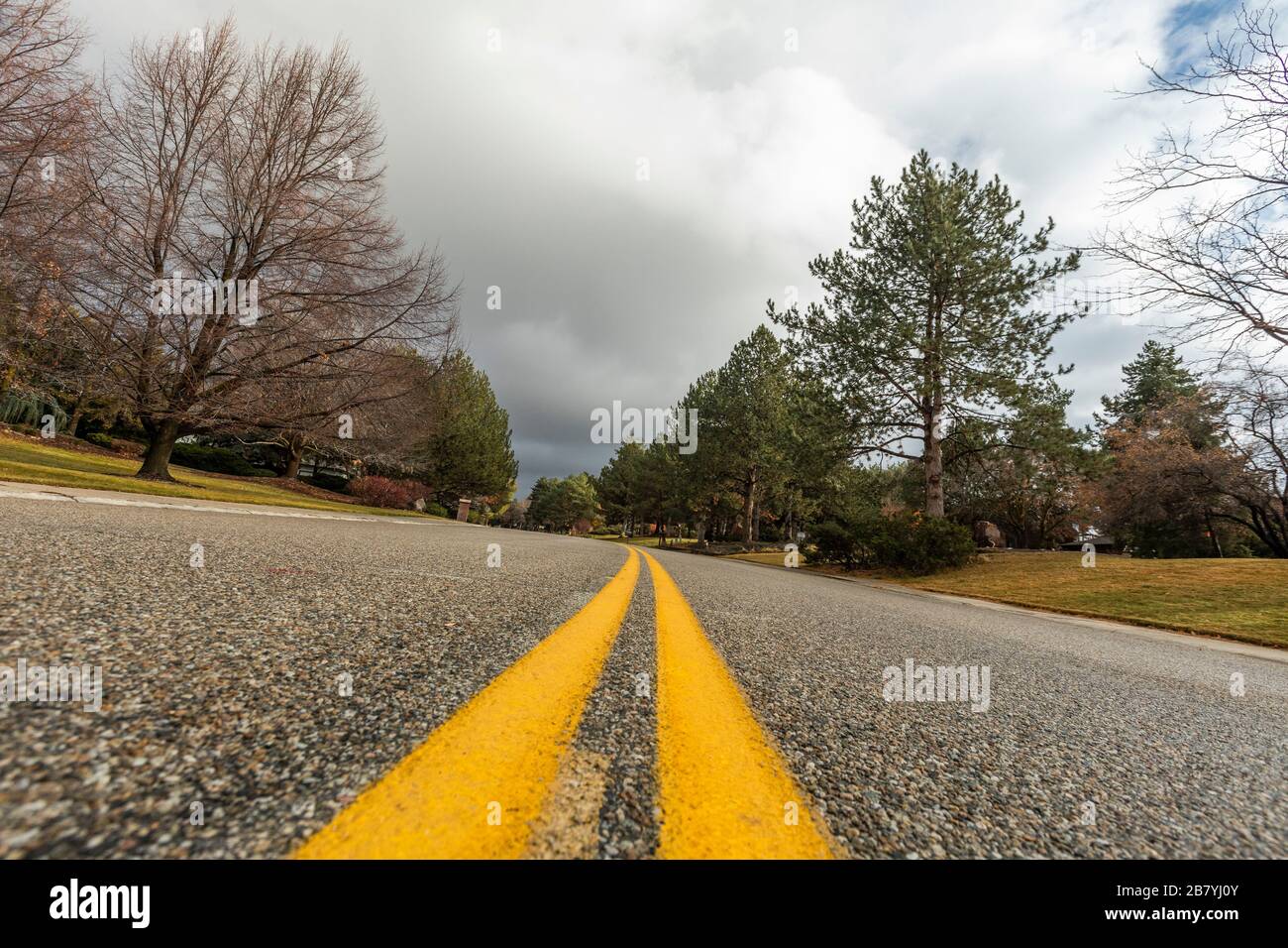 Yellow lines on road Stock Photo - Alamy