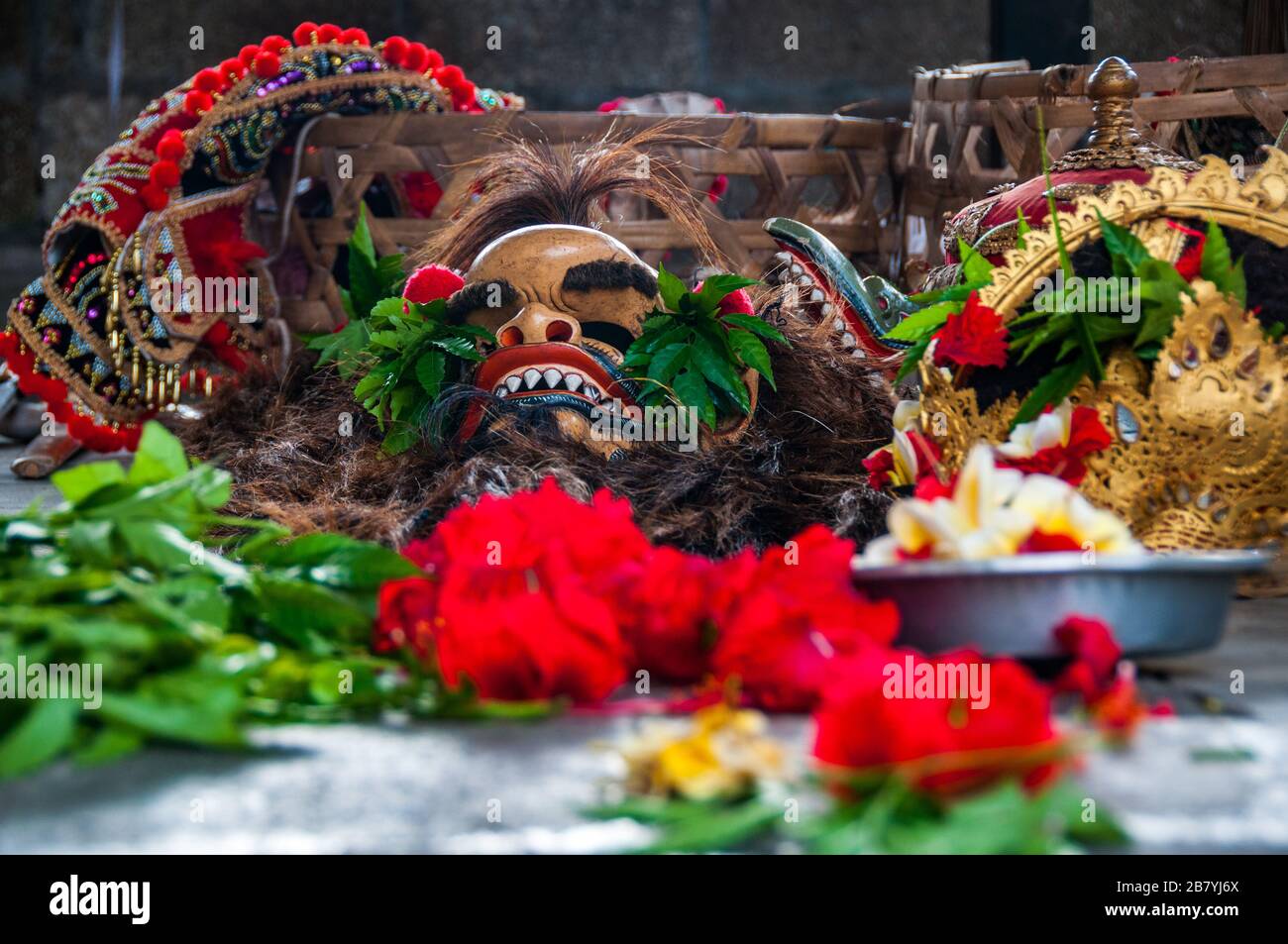 Props awaiting use by performers in the Barong dance, Bali Island ...