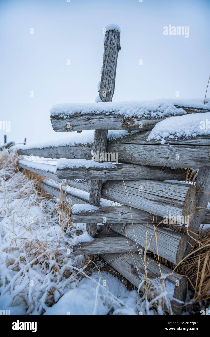 Wooden fence with snow on farm in winter Stock Photo - Alamy