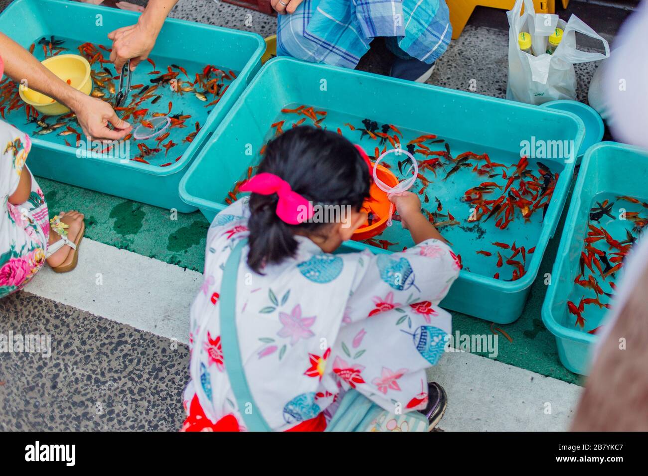 Girl playing catching fish-game at Japanese summer festival in a small ...