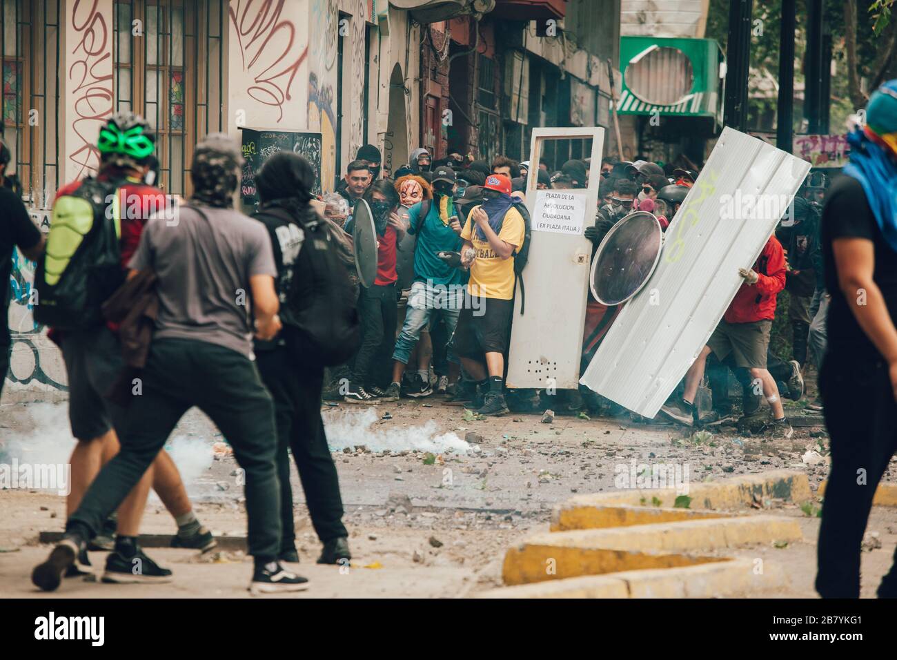SANTIAGO, CHILE-NOVEMBER 8, 2019 - Protesters protect themselves from ...