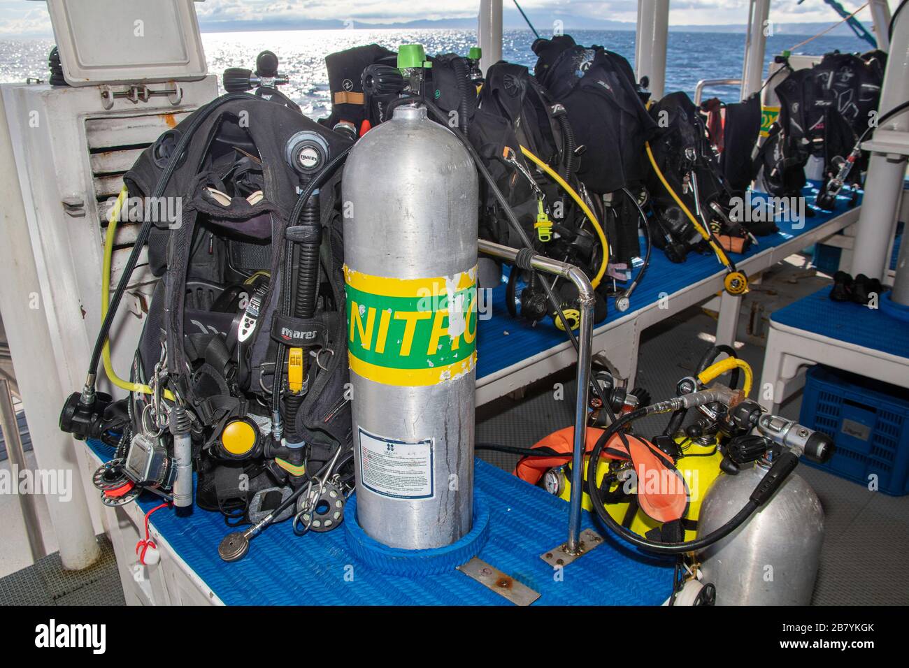 Scuba diving equipment and a nitrox cylinder on the back deck of the ...