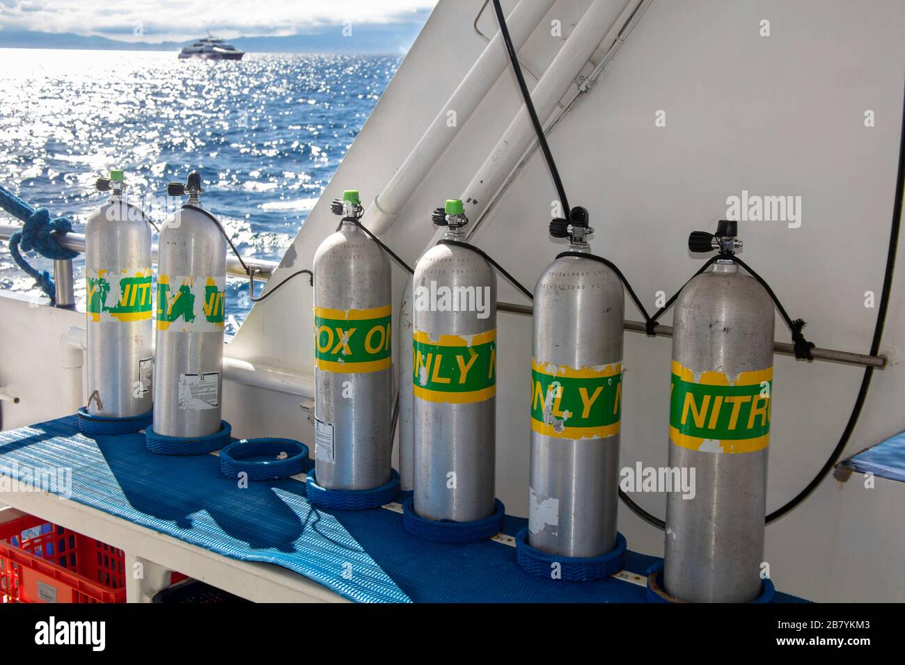 Nitrox cylinders on the back deck of the live-aboard vessel Infiniti in ...