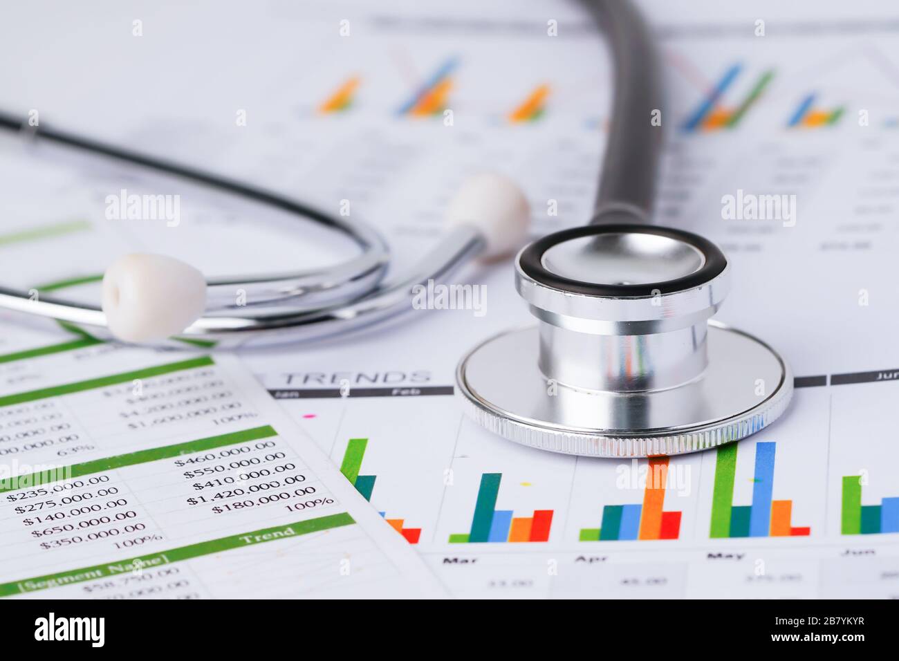 Stethoscope on charts and graphs spreadsheet paper, Finance, Account ...