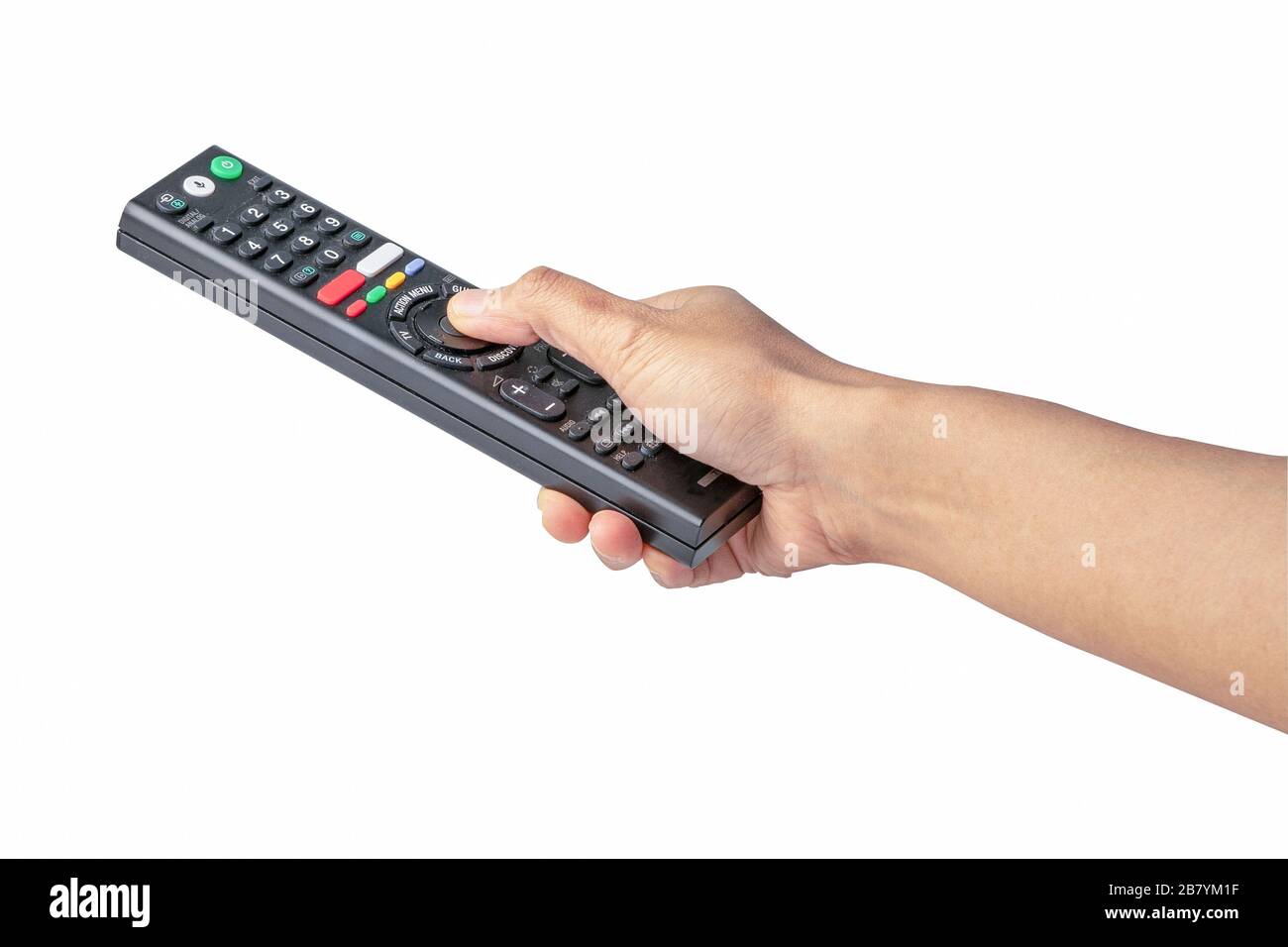 Hand pressing remote control TV television with clipping path isolated ...