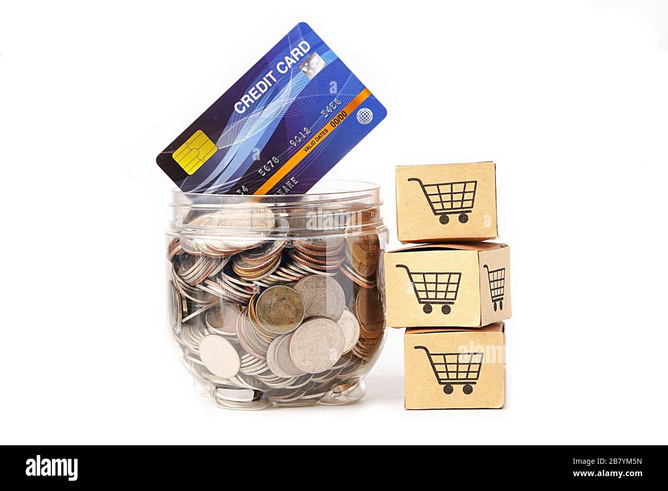 Coins in plastic bottle with credit card model and shopping cart boxs ...