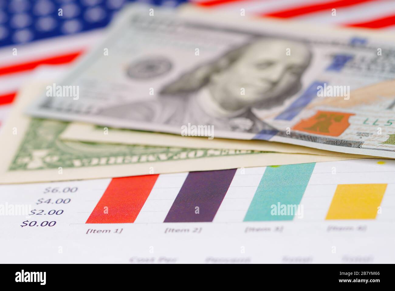 USA America flag with dollar banknotes on chart graph background ...