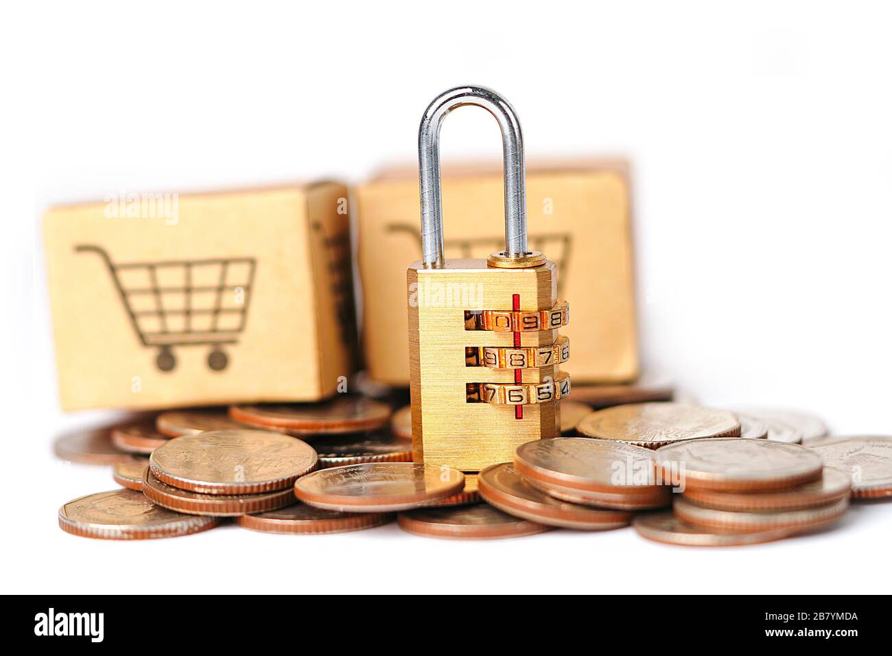 Golden security digital password lock key and Box with shopping cart ...