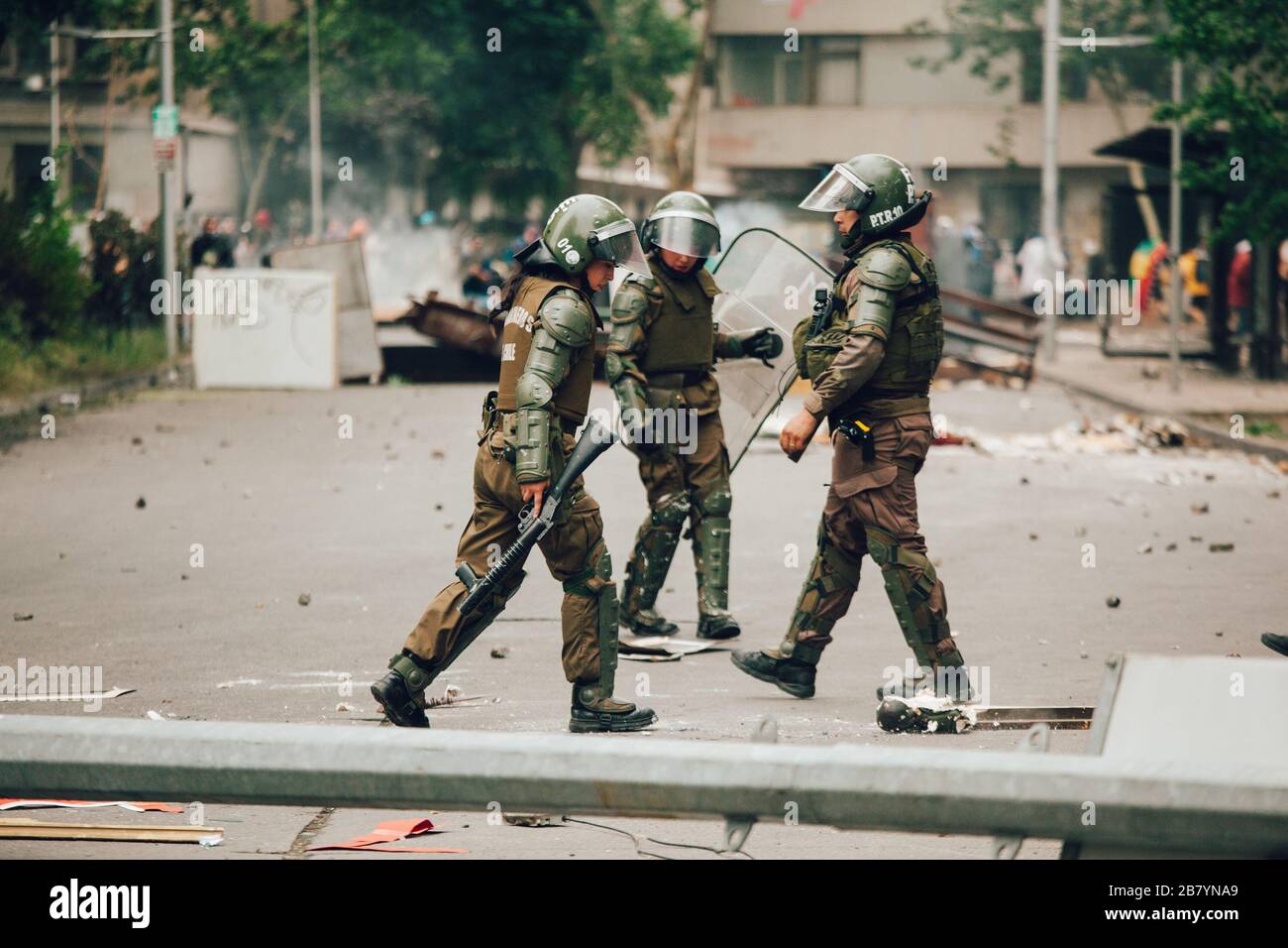 SANTIAGO, CHILE-NOVEMBER 8, 2019 - Riot police clear barricades in the ...