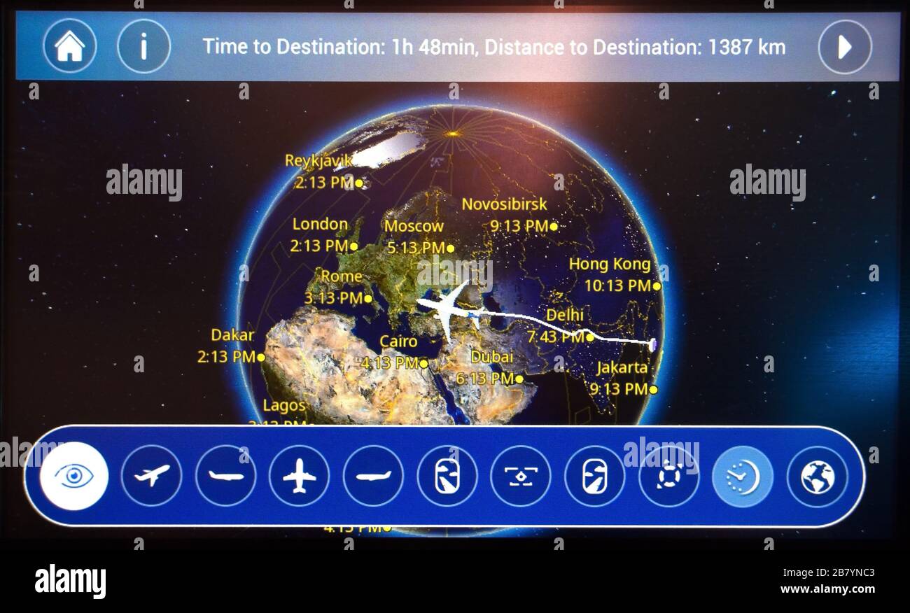A display with map and choice of icons in a flying aircraft. A monitor ...
