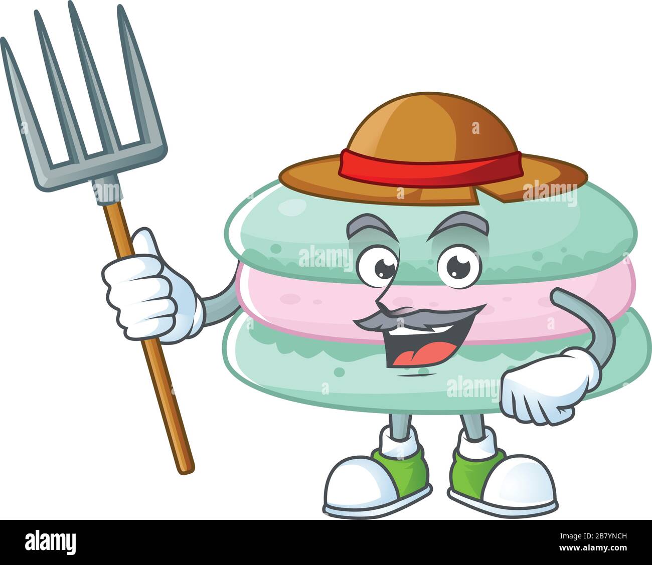 Vanilla blue macarons in Farmer mascot design with hat and pitchfork ...