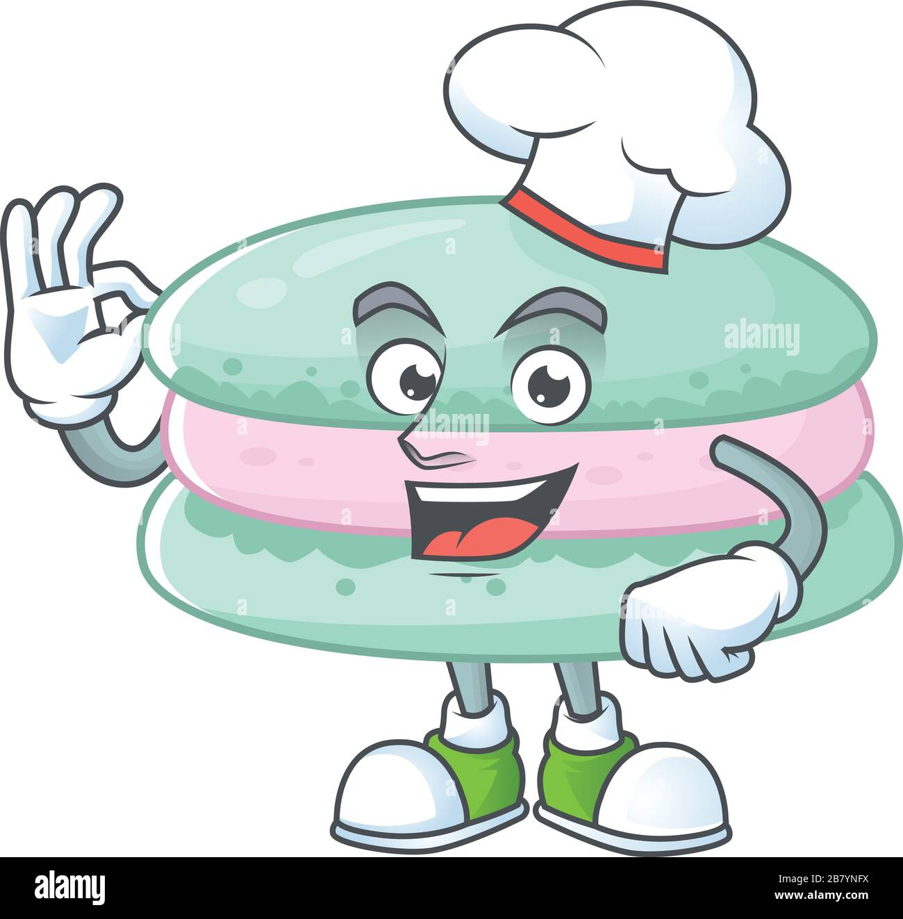 A picture of vanilla blue macarons cartoon character wearing white chef ...