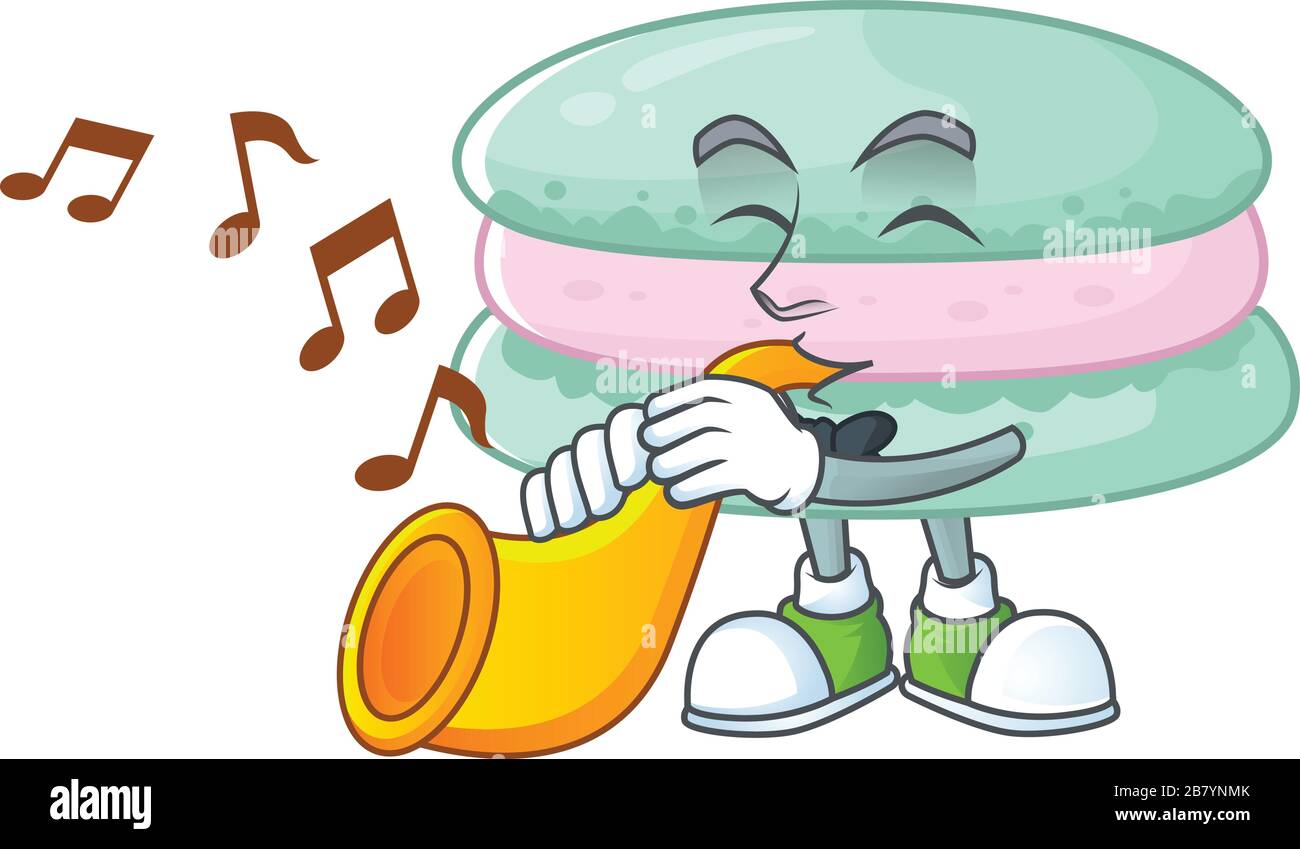 Vanilla blue macarons cartoon character playing music with a trumpet ...