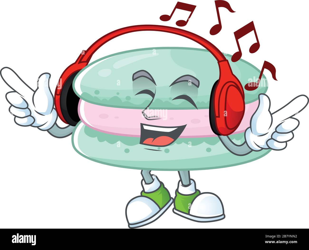 cartoon mascot design of vanilla blue macarons enjoying music Stock ...
