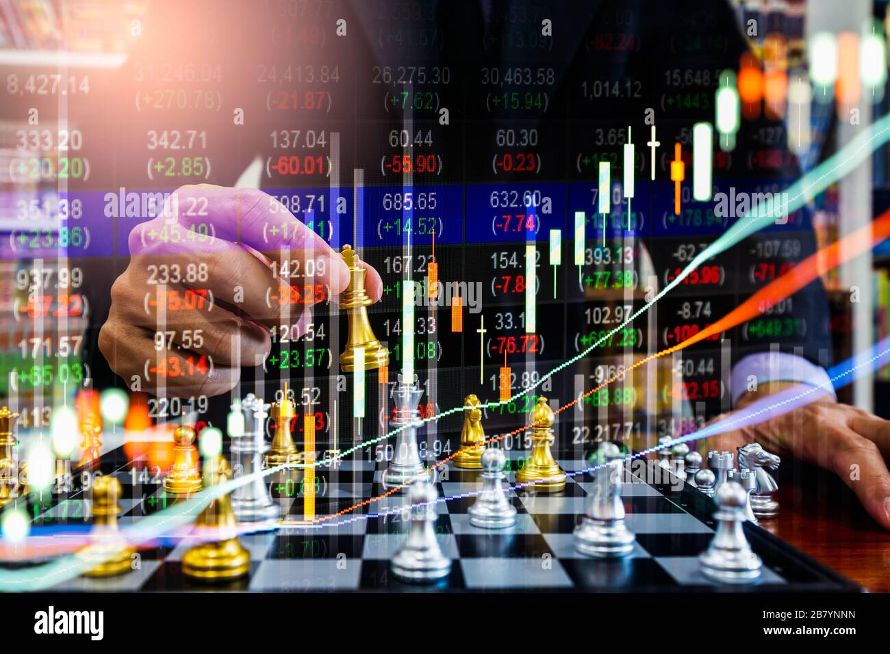 Chess game on chess board on stock market or forex trading graph chart ...
