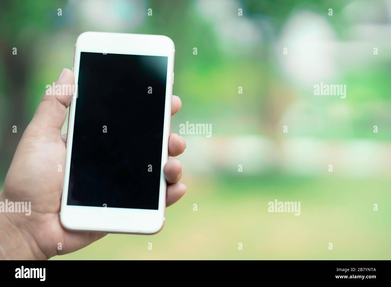 Holding and use smart mobile phone to communication at outdoor in park ...