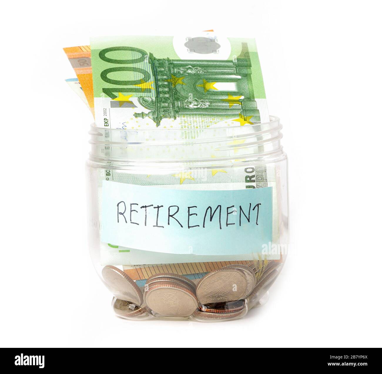 Euro banknotes and coins in plastic bottle with RETIREMENT alphabet ...