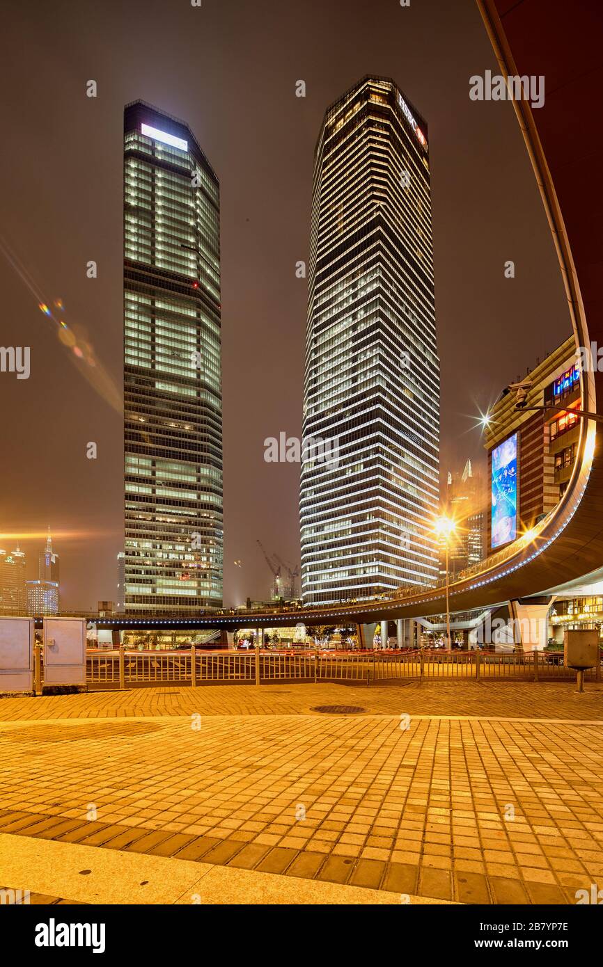 SHANGHAI, CHINA - night views of high rise structures in the Pudong ...