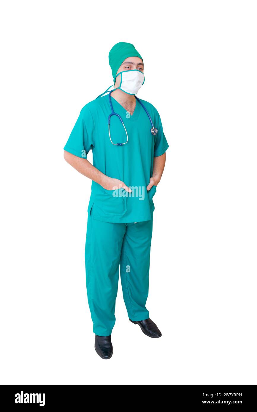 portrait of doctor in mask and green uniform isolated on white ...