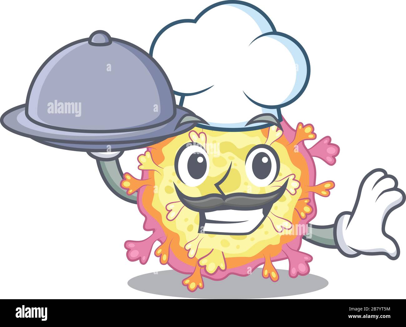 Coronaviridae virus as a chef cartoon character with food on tray Stock ...