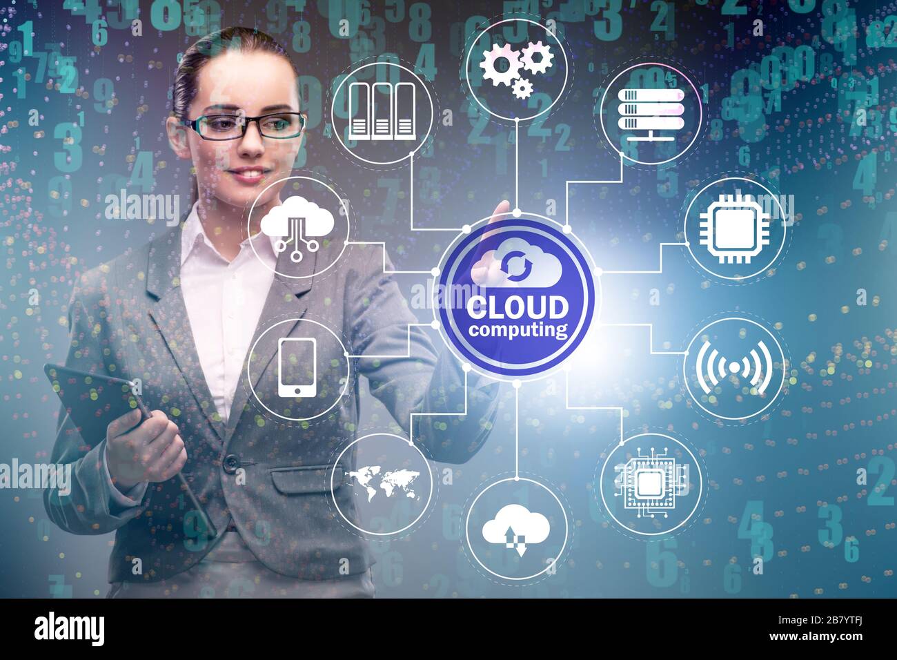 The cloud computing concept with woman pressing buttons Stock Photo - Alamy