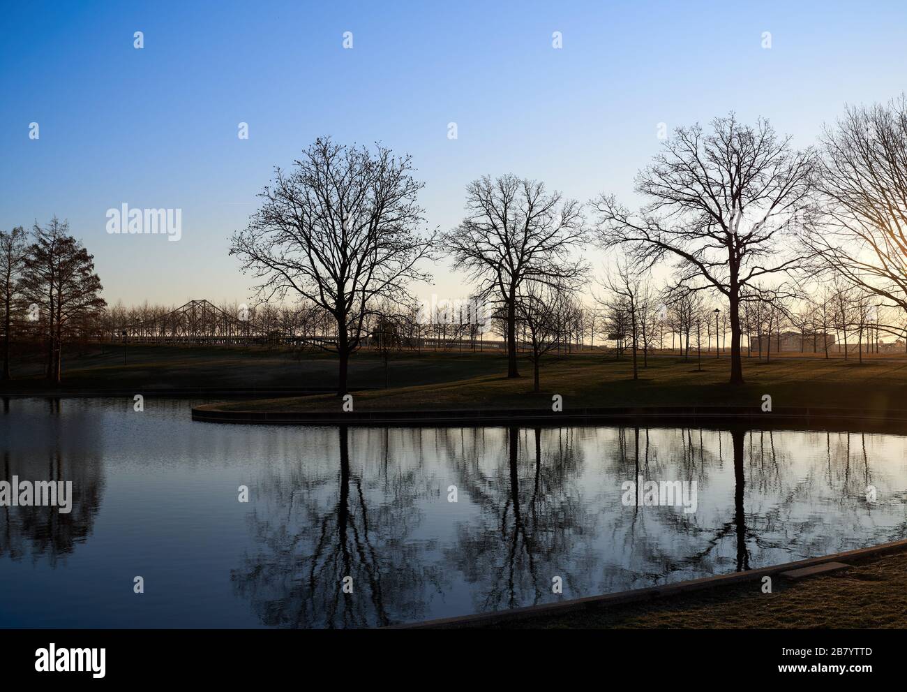 St. Louis Missouri Urban Landscape; Lake with tree reflection. downtown ...