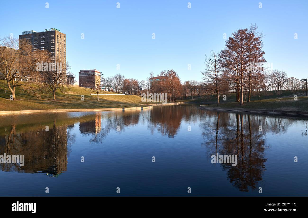 St. Louis Missouri Urban Landscape; Lake with tree reflection. downtown ...