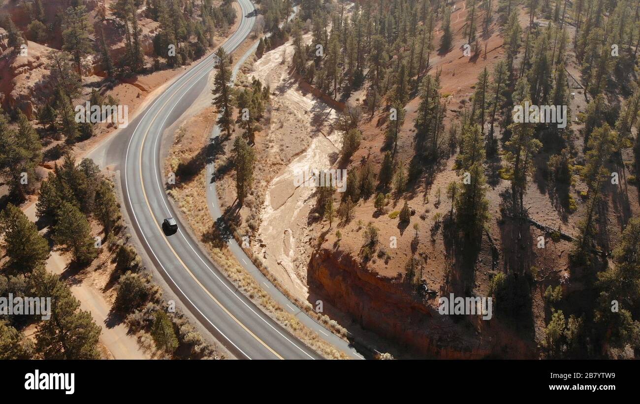 Aerial view point of car on curved side road in Utah Stock Photo - Alamy