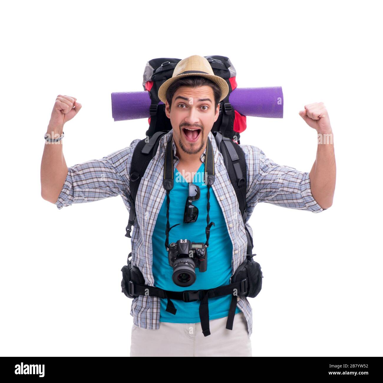 The backpacker with camera isolated on white background Stock Photo - Alamy