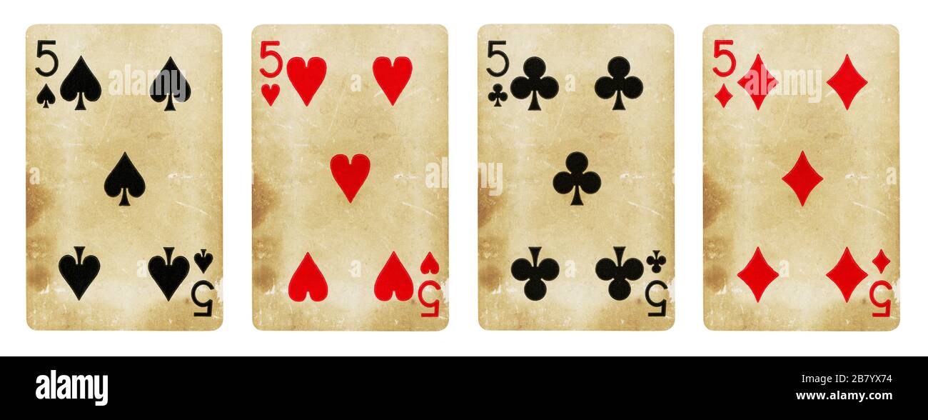 Four Vintage Playing Cards Isolated on White Background, Showing Fives ...